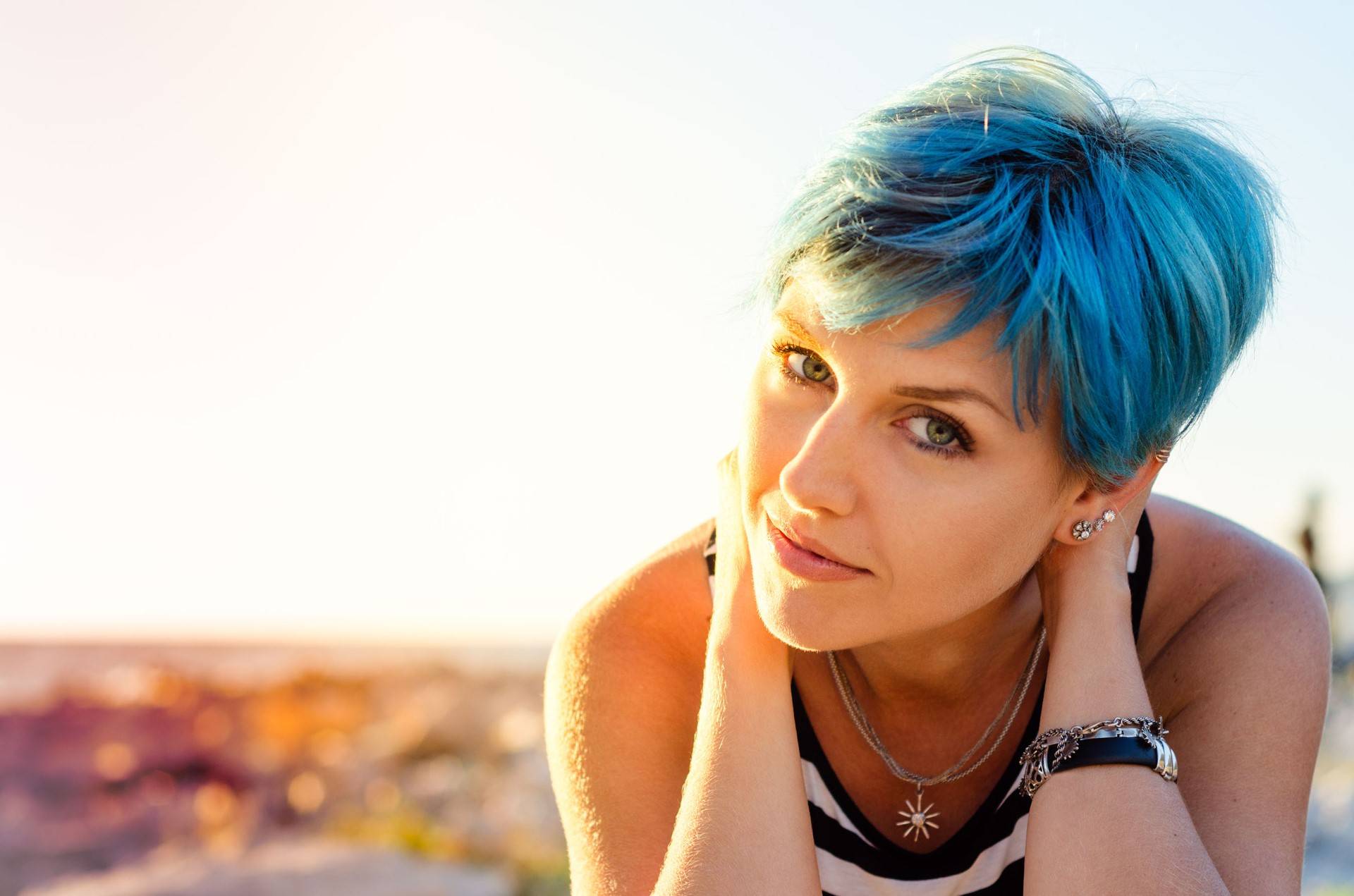 A Portrait Of Beautiful Girl With Blue Hair In Sailor’s Striped ...